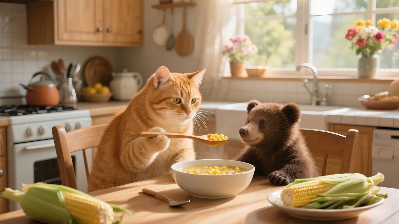 Котенок спасает потерявшегося Медвежонка, приносит Его Домой и готовит кукурузный суп 🐾🍲#котик
