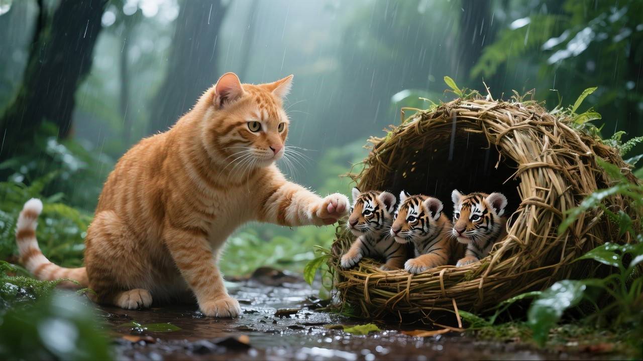 Мама-Кошка спасает трех потерявшихся Тигрят, кормит их кормом, молоком и теплыми одеялами 🐱🐯🍳🥛🧣