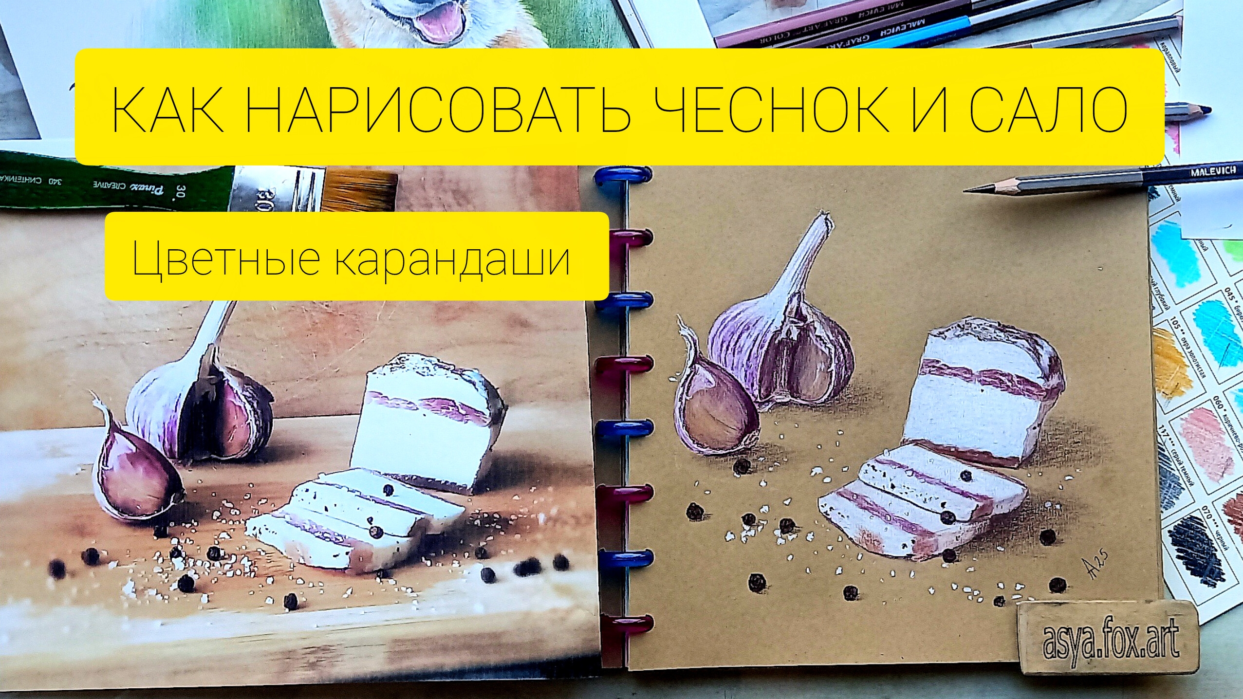 КАК НАРИСОВАТЬ ЧЕСНОК И САЛО ЦВЕТНЫМИ КАРАНДАШАМИ |ASYAFOXART