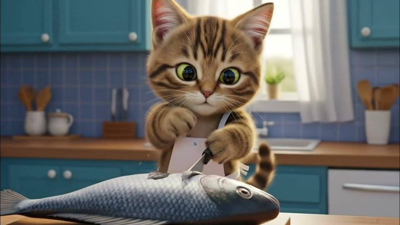 Котенок шеф-повар в действии: стильно готовит рыбку! 😻🍳🐾