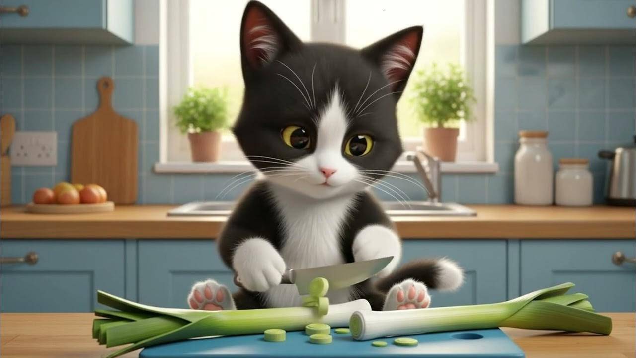 Gatinho котенок шеф-повар на кухне: рецепт с луком-пореем! 🧑🍳🐱🧅