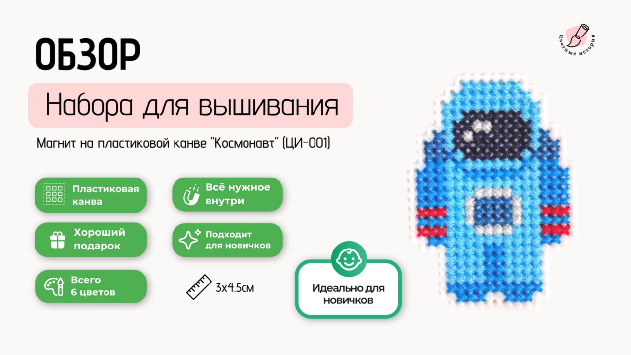 Обзор набора для вышивания крестом для начинающих на пластиковой канве Космонавт
