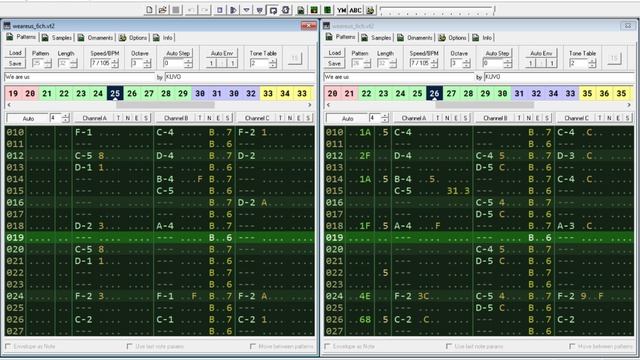 We are us by KUVO / Double YM, 6 channel song. Tracker window capture.
