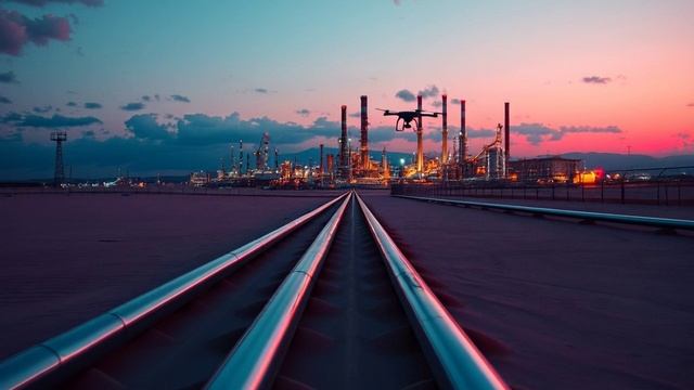 Эффект полета над трубопроводом в  на заводе.