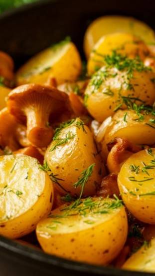 Молодой картофель с луком и грибами