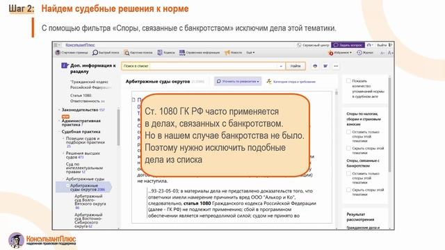Уточнение списка судебных решений с помощью фильтров по тематике и по количеству упоминаний нор