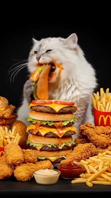 Котик ест фаст фуд