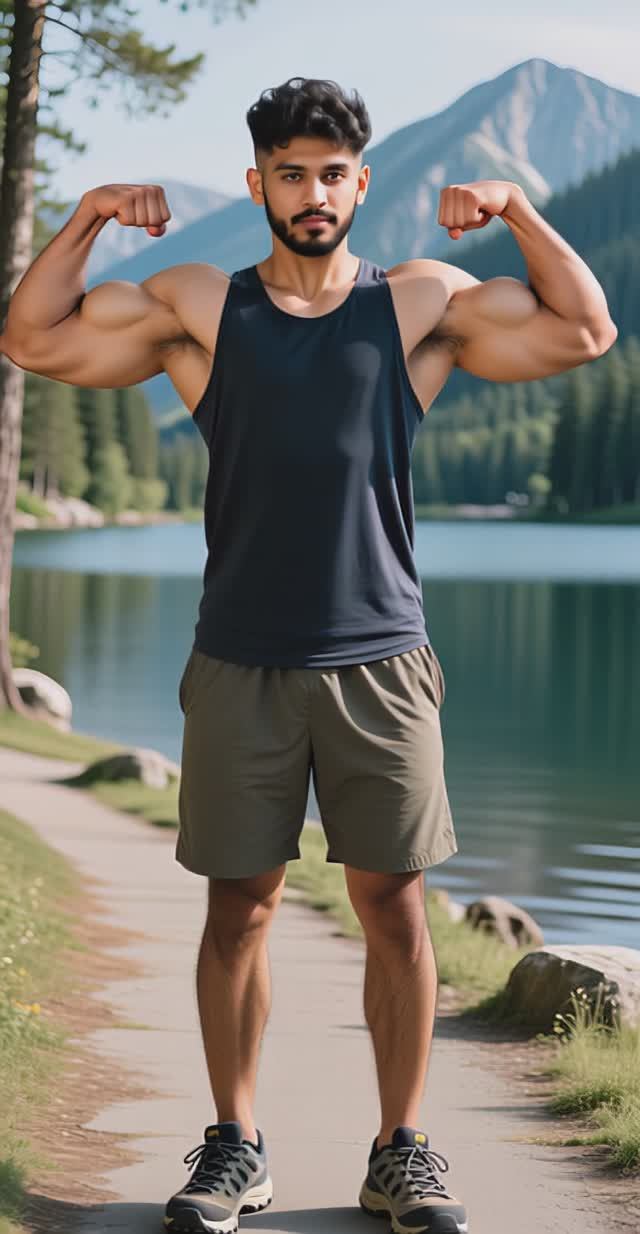 Сила природы: AI-атлет на фоне горного озера.