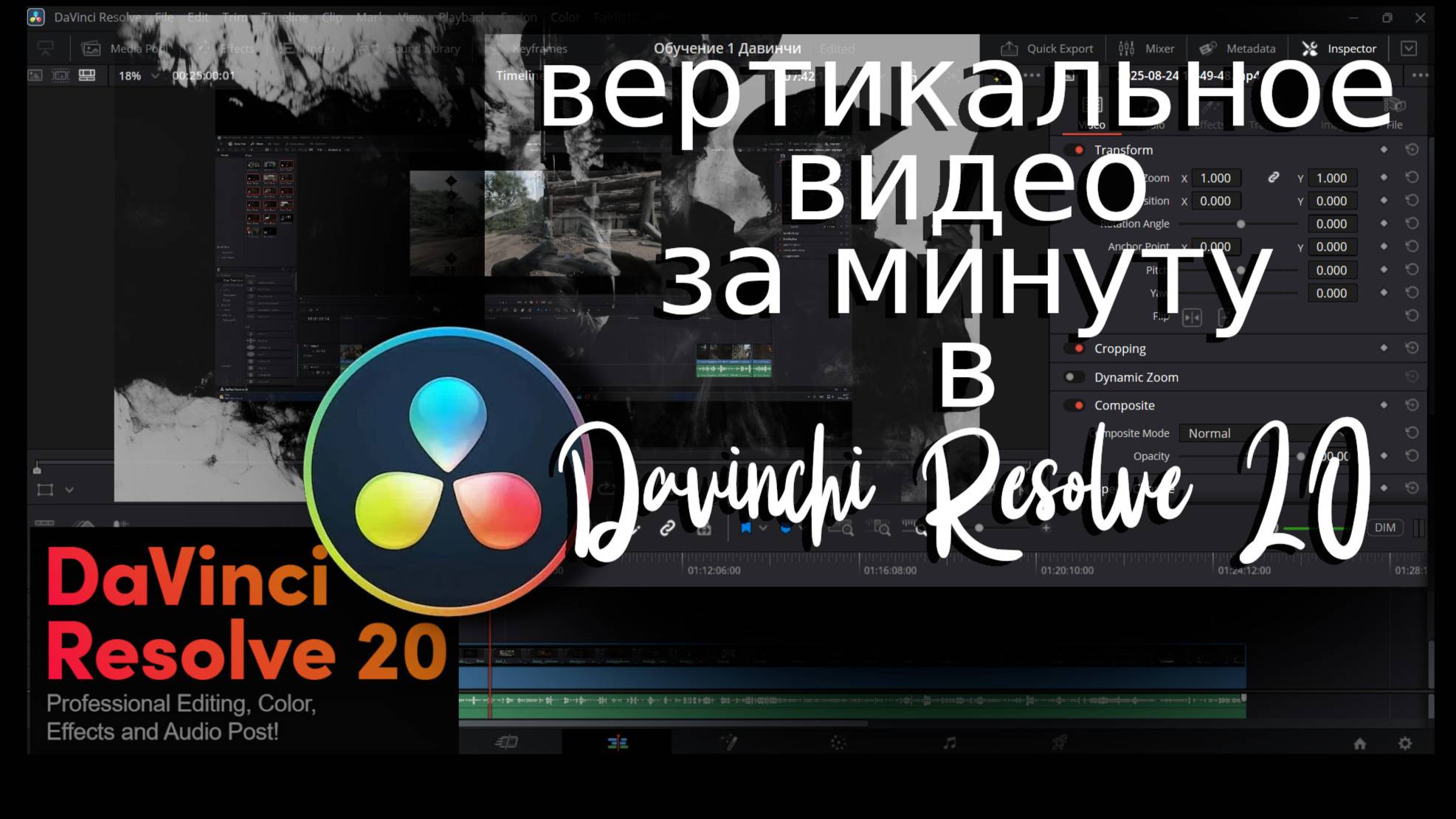 Как сделать вертикальное видео в DaVinci Resolve 20 за одну минуту для новичков.