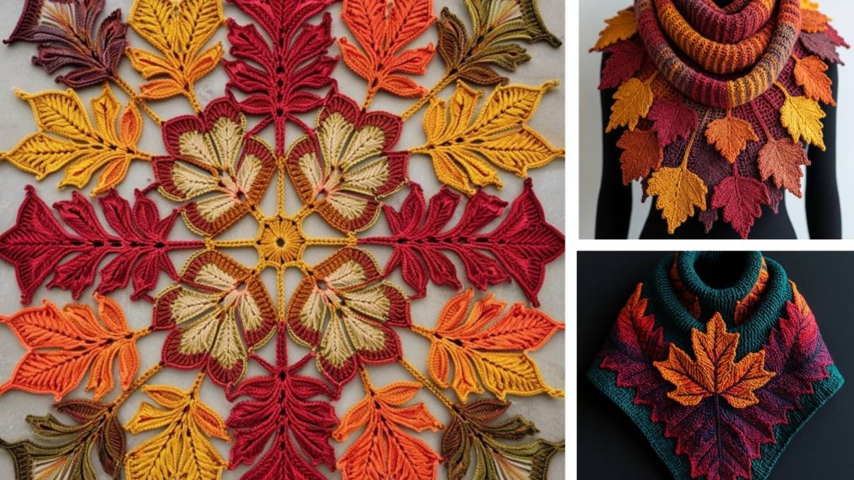 ШАЛИ, БАКТУСЫ, ШАРФЫ с осенними листьями от AI. ПОДБОРКА №1. Вязание.🍂🍁🍂✨🧶
