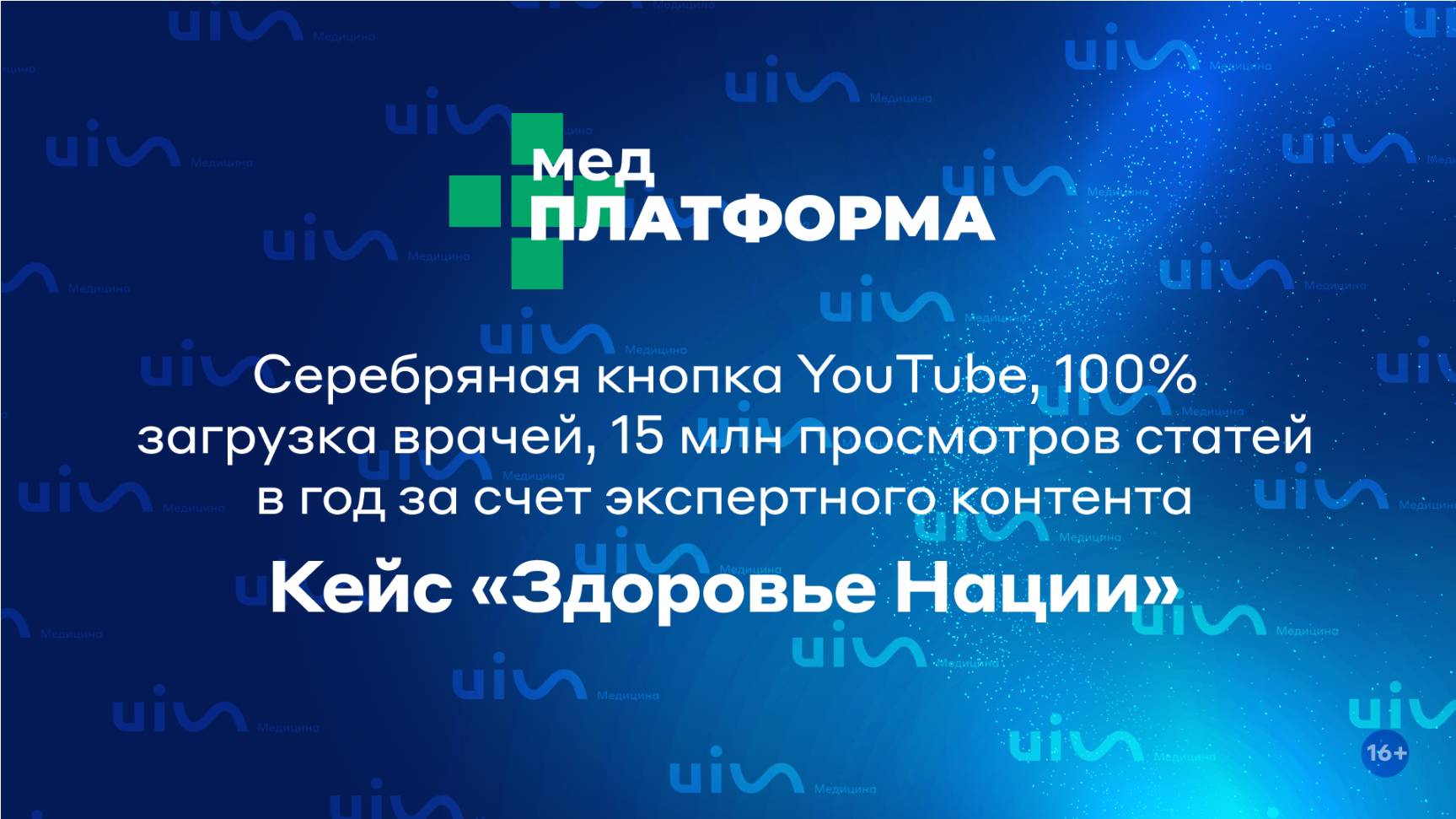 Серебряная кнопка YouTube, 100% загрузка врачей, 15 млн просмотров статей в год. МЕДПЛАТФОРМА