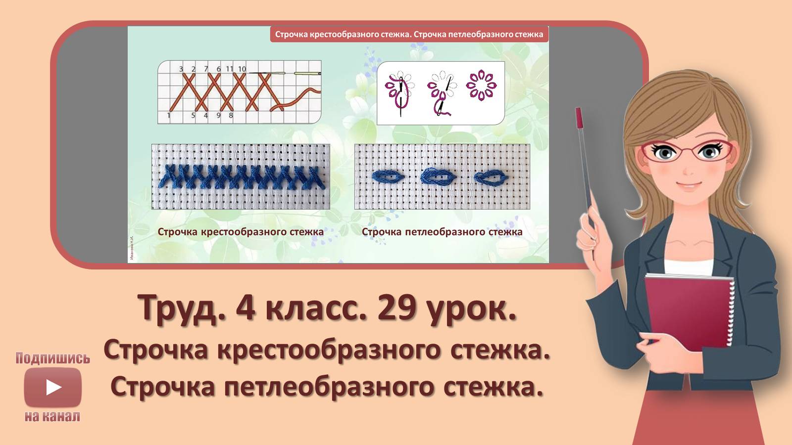4 кл. Труд. 29 урок. Строчка крестообразного стежка. Строчка петлеобразного стежка