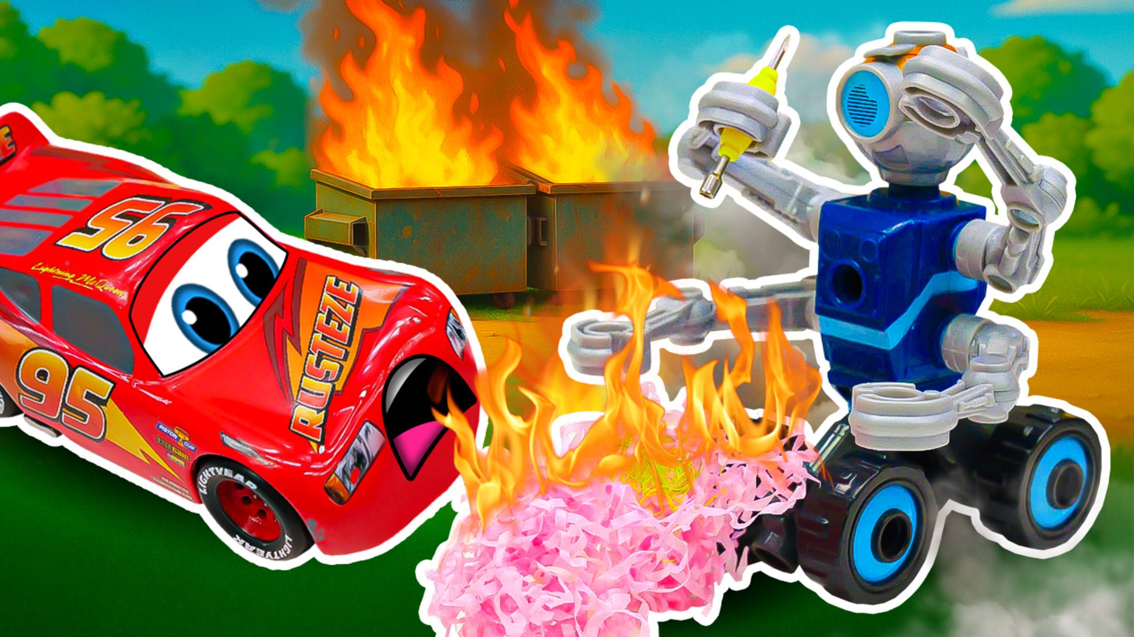 Молния Маквин и его робот-помощник! Как злой робот разрушил все!