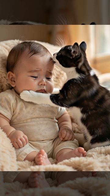 Котик успокаивает облизывает ребёнка. Футаж. Footage. #футажи #футажидлямонтажа #видеодлямонтажа