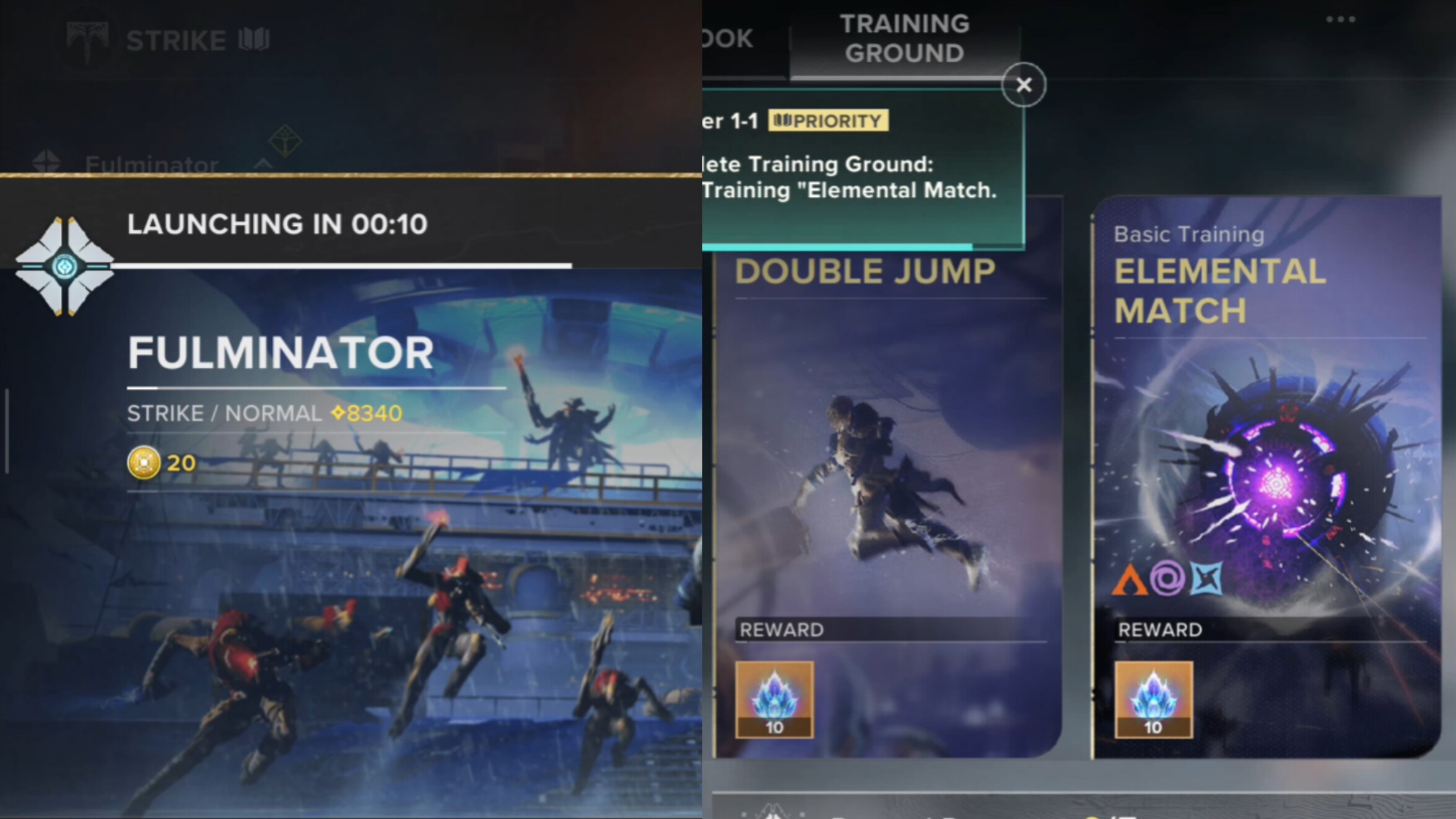 Destiny: Rising задания Elemental Match,Double Jump. FULMINATOR
