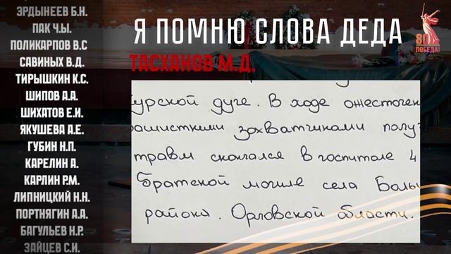 Я помню слова деда! Письма солдат о своих предках.  Письмо 17. Тасханов.