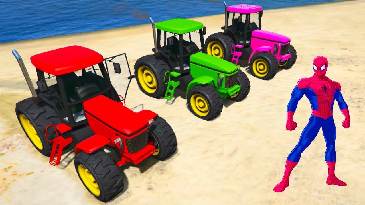 Мультяшные цветные тракторы, Человек-паук и супергерои. Видео для детей. Песни для малышей.
