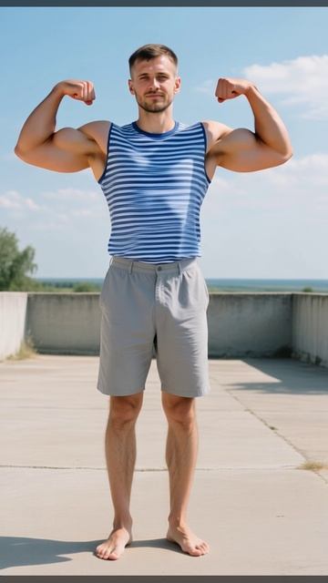 Мужская сила в полосатой футболке: как обычный парень превращается в мускулистого атлета 💪👕