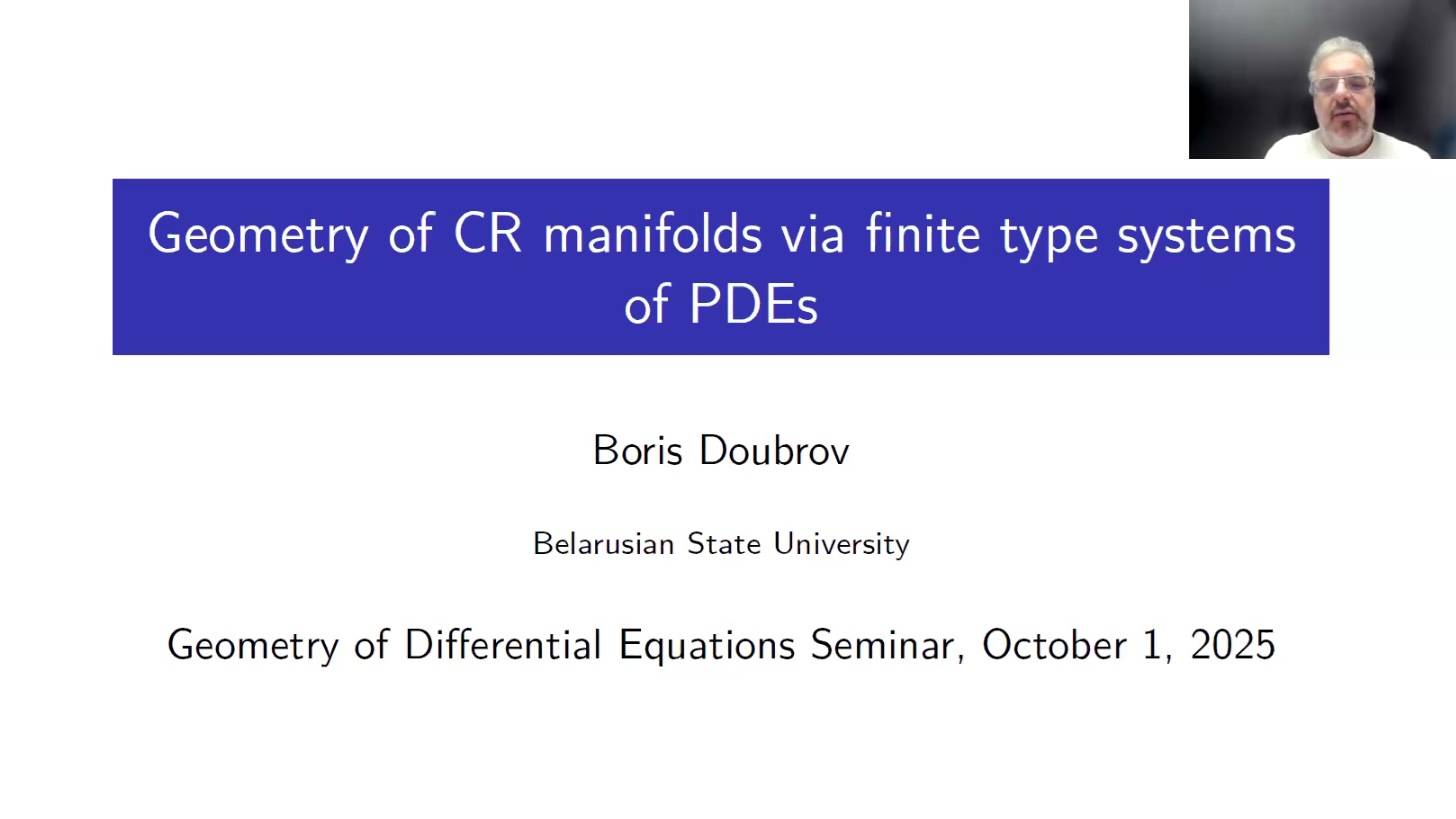 Seminar GDEq. Geometry of CR manifolds via finite type systems of PDEs