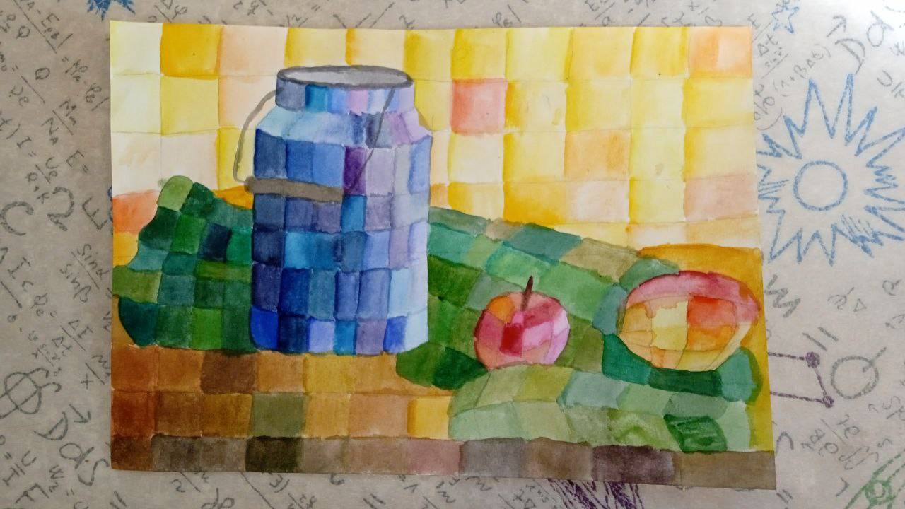 Урок 37. Натюрморт акварелью: бидон, яблоко, персик для начинающих.