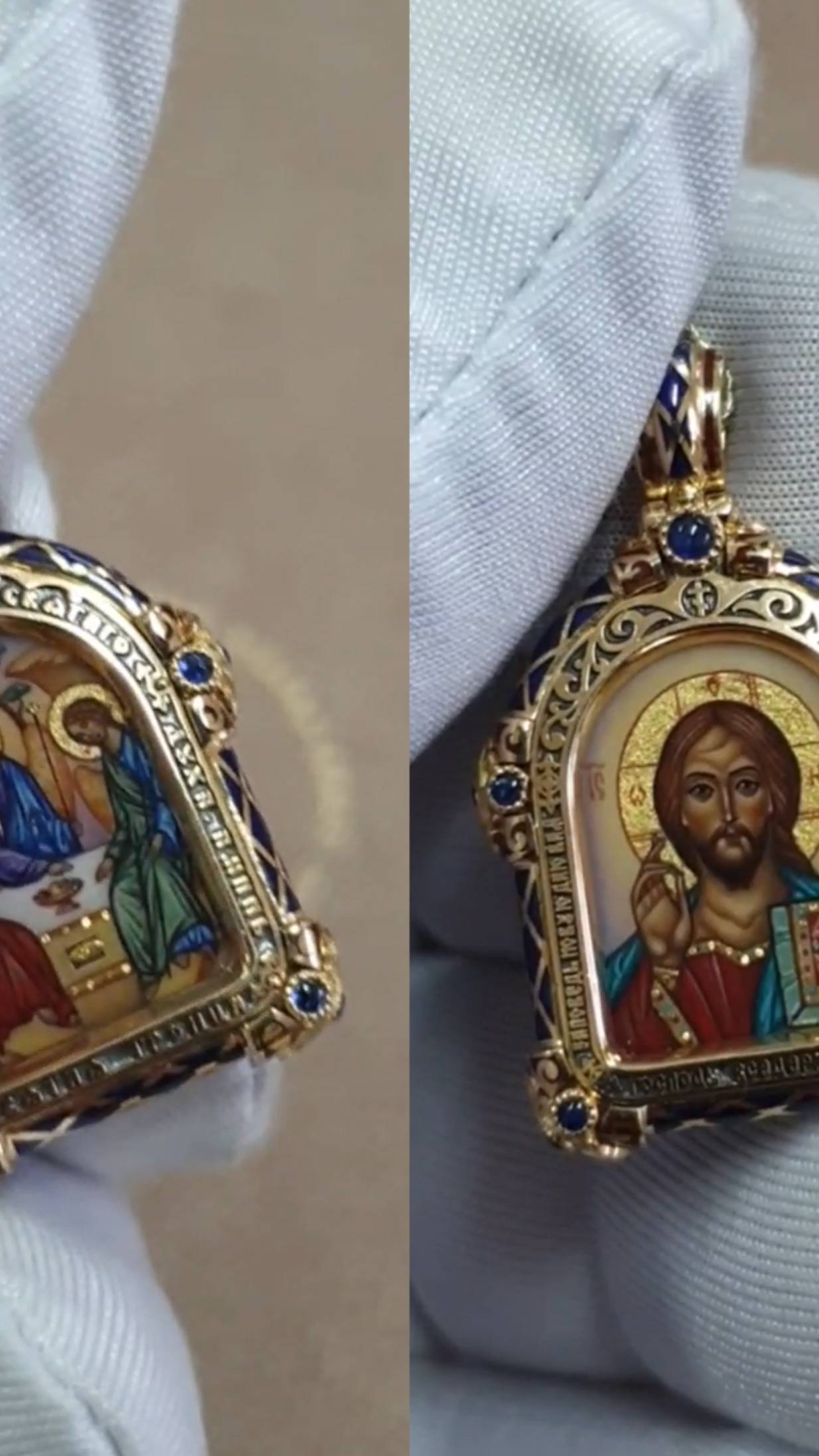 Нательная икона Господа Вседержителя и Святой Троицы с сапфирами