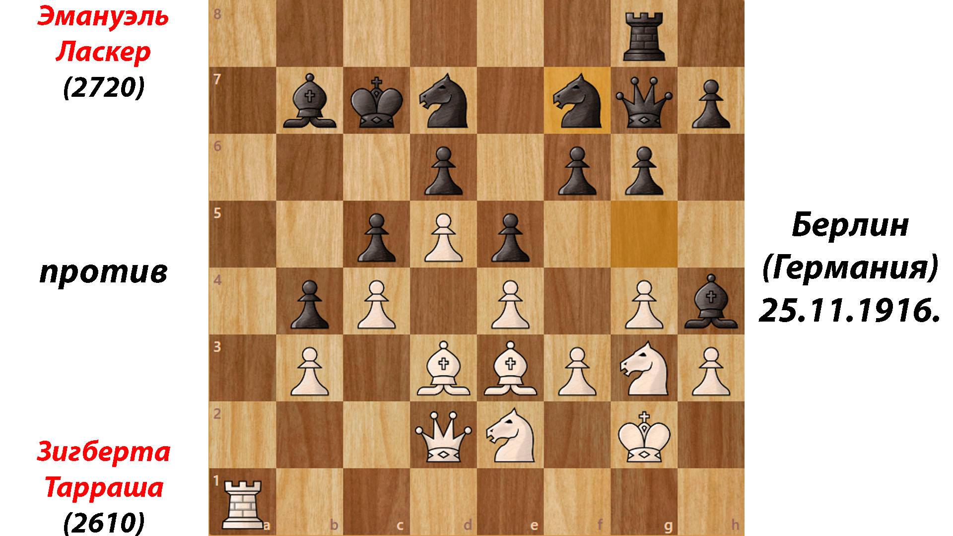 Эмануэль Ласкер против Зигберта Тарраша Берлин (Германия) 25.11.1916.