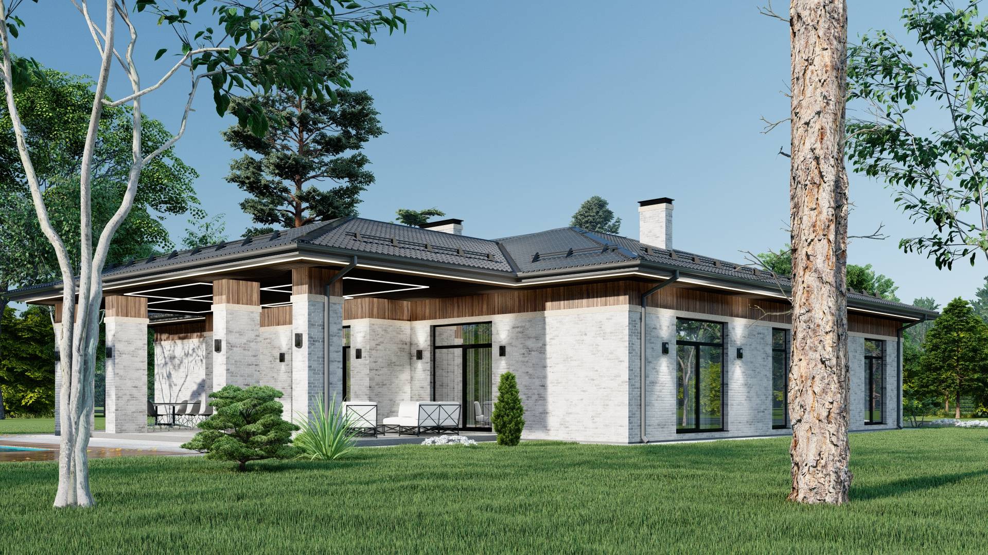 Одноэтажный дом с большой террасой