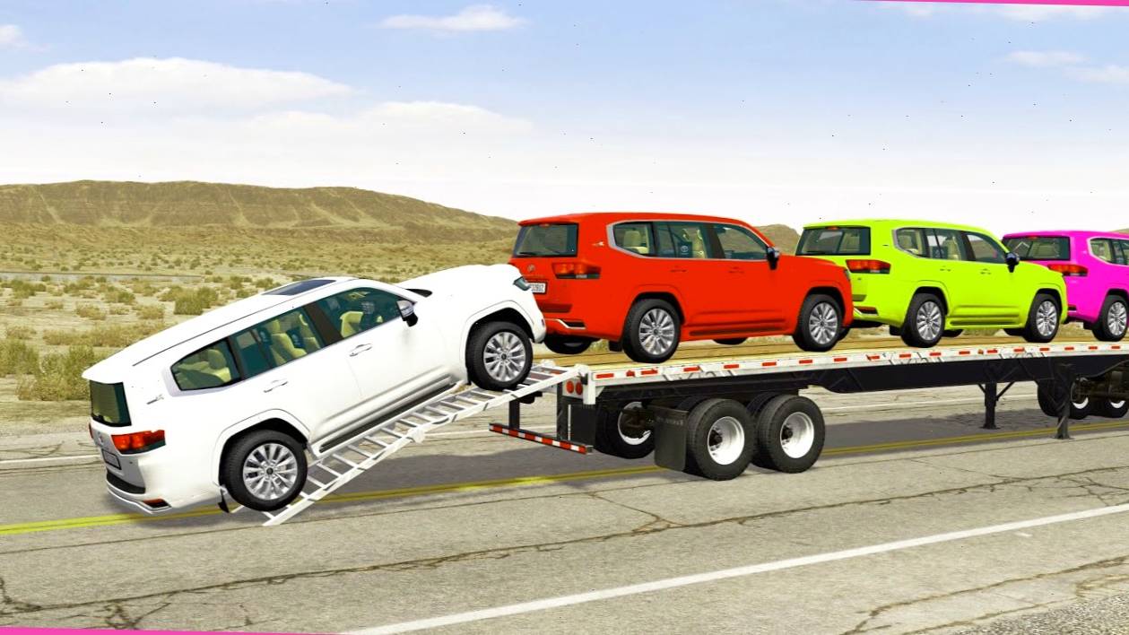 Мультики про машинки. Двухуровневый грузовик везет яркие машинки. Смотреть онлайн для детей.