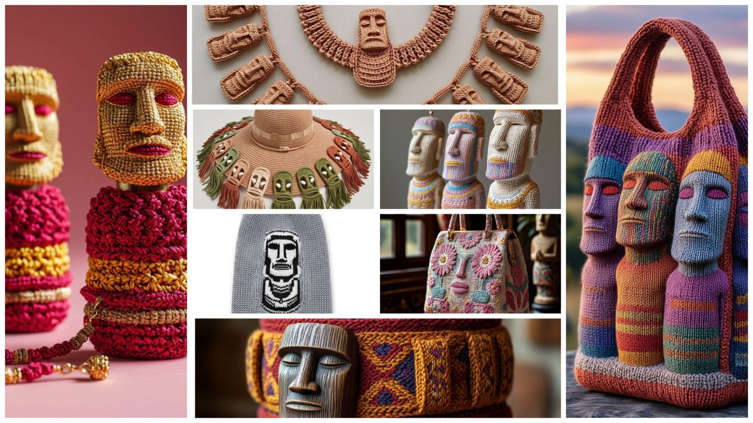 🗿🏝️🧶АКСЕССУАРЫ с колоритом острова Пасхи от AI. Подборка №1. ВЯЗАНИЕ и смешанные техники.🧶🏝️🗿