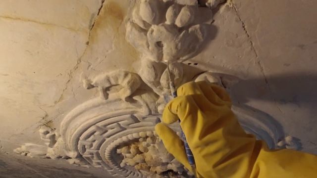 д. 13-15 Расчистка розетки. Масляная краска и мел. Реставрация потолка и лепнины. Старый фонд СПб