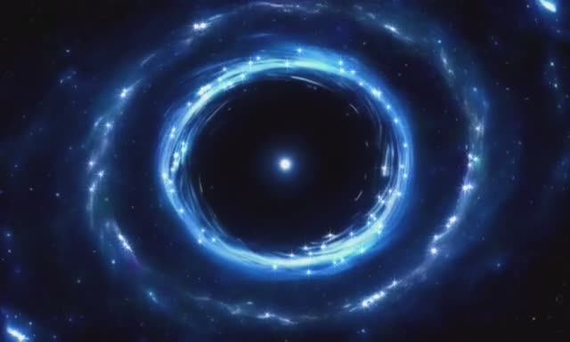 Чёрная дыра, окружённая завихряющимся бело-голубым светом и светящимися частицами