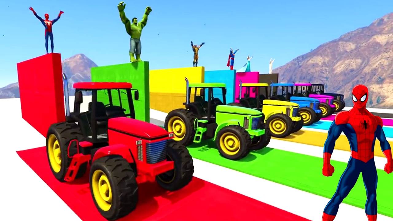 ТРАКТОРЫ и МОТОЦИКЛЫ для ЧЕЛОВЕКА-ПАУКА и СУПЕРГЕРОЕВ. Красочные гонки для детей. Мультик для детей