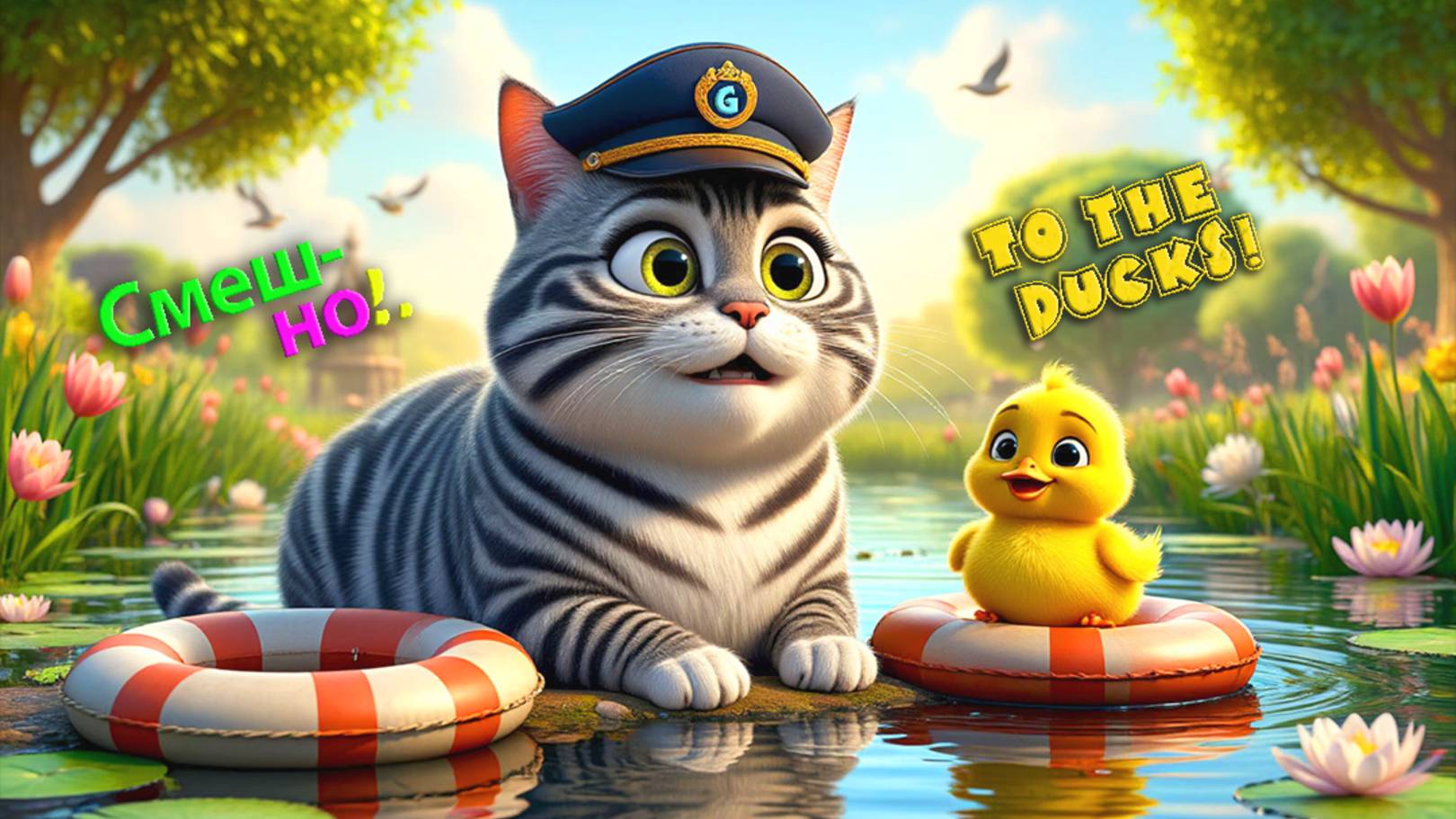 Кот и цыпленок Пух: "Хочу к уткам!"