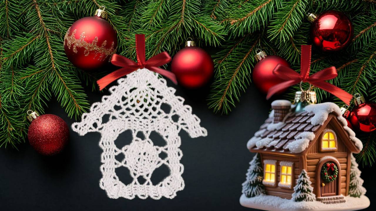 Домик крючком - новогоднее украшение (брюггское кружево) - мастер класс