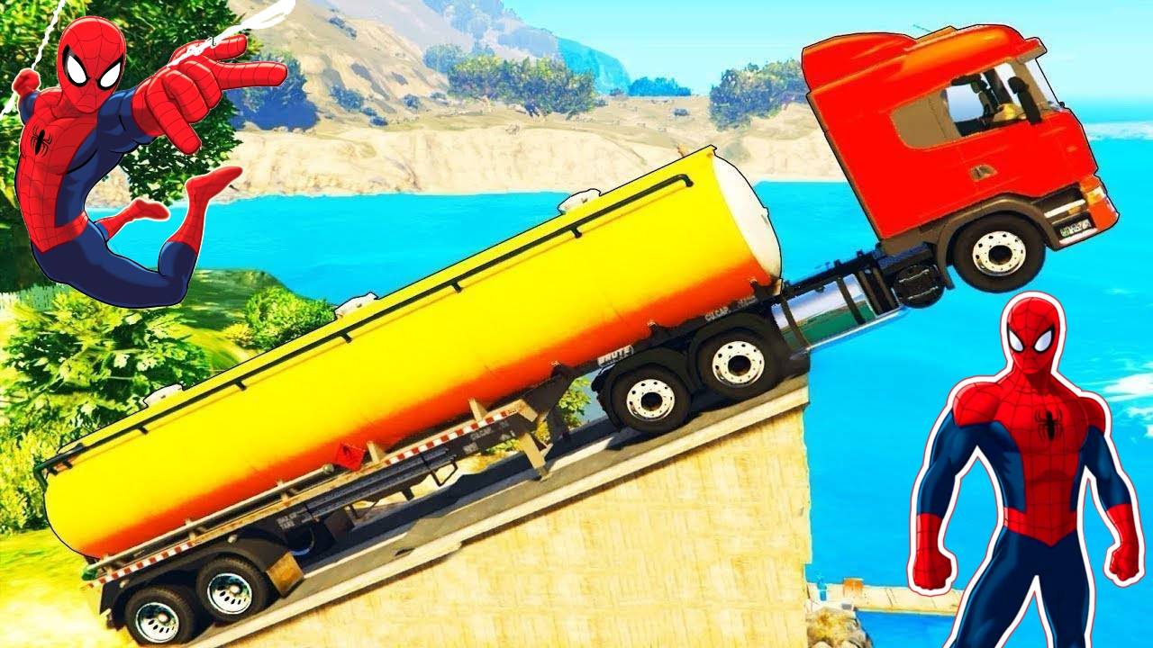 Человек-паук с грузовиками для детей Мультяшная вечеринка на тракторах для детей Мультик про машинки