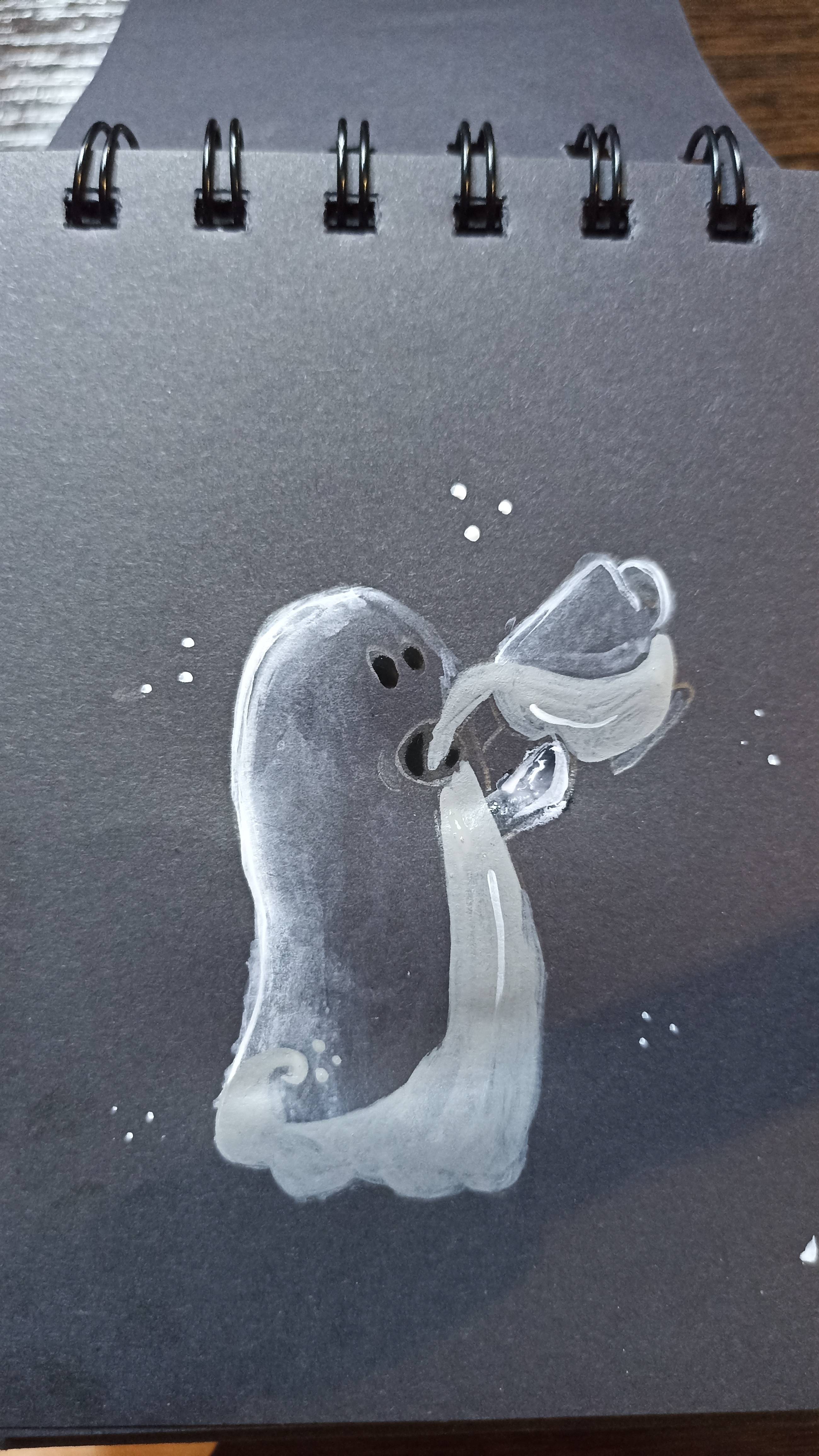 Рисунок гуашью / Призрак пьет кофе