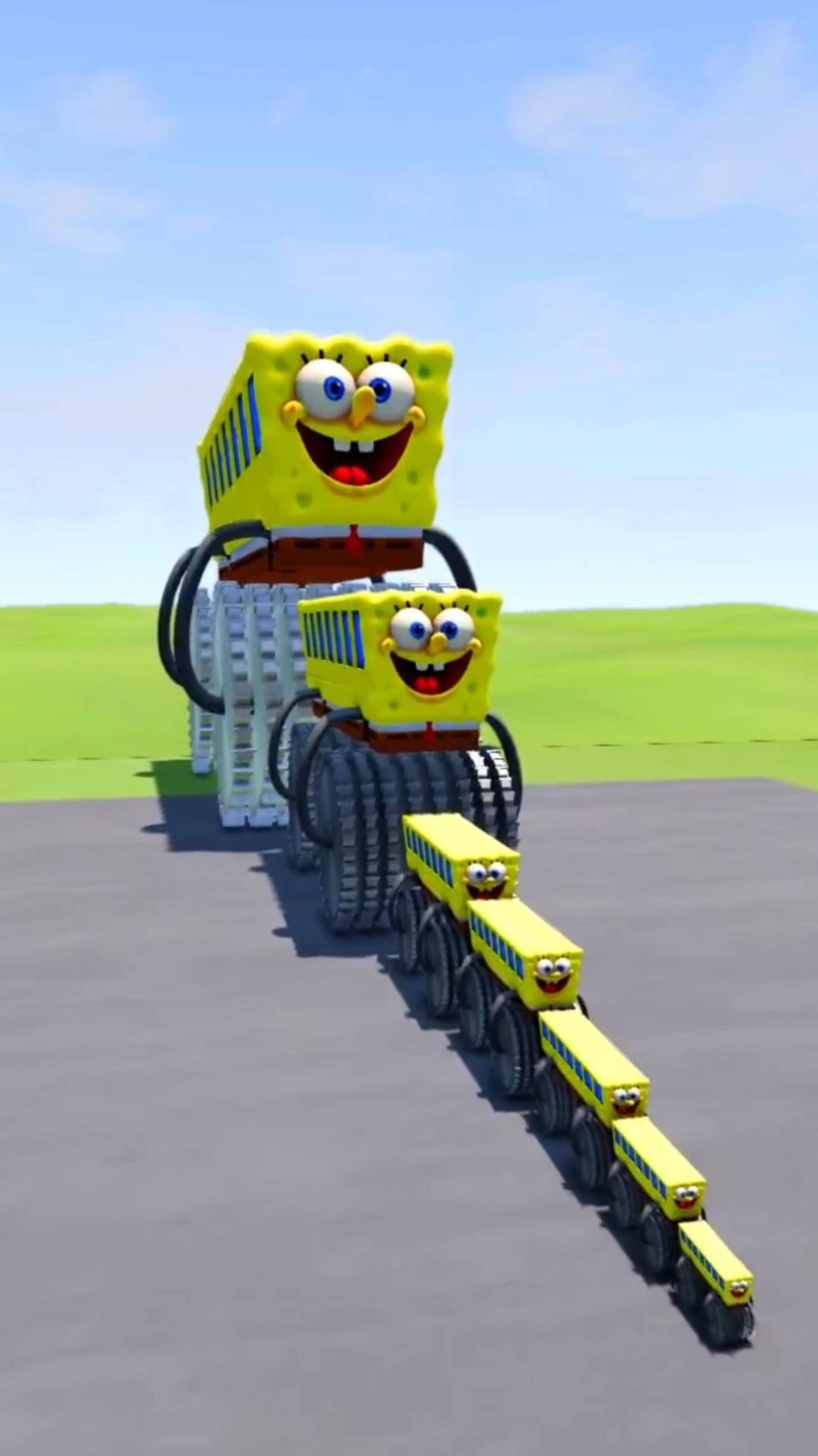Большой и маленький автобус Губка Боб Двойной монстр-пила Колёса против поездов | BeamNG.drive