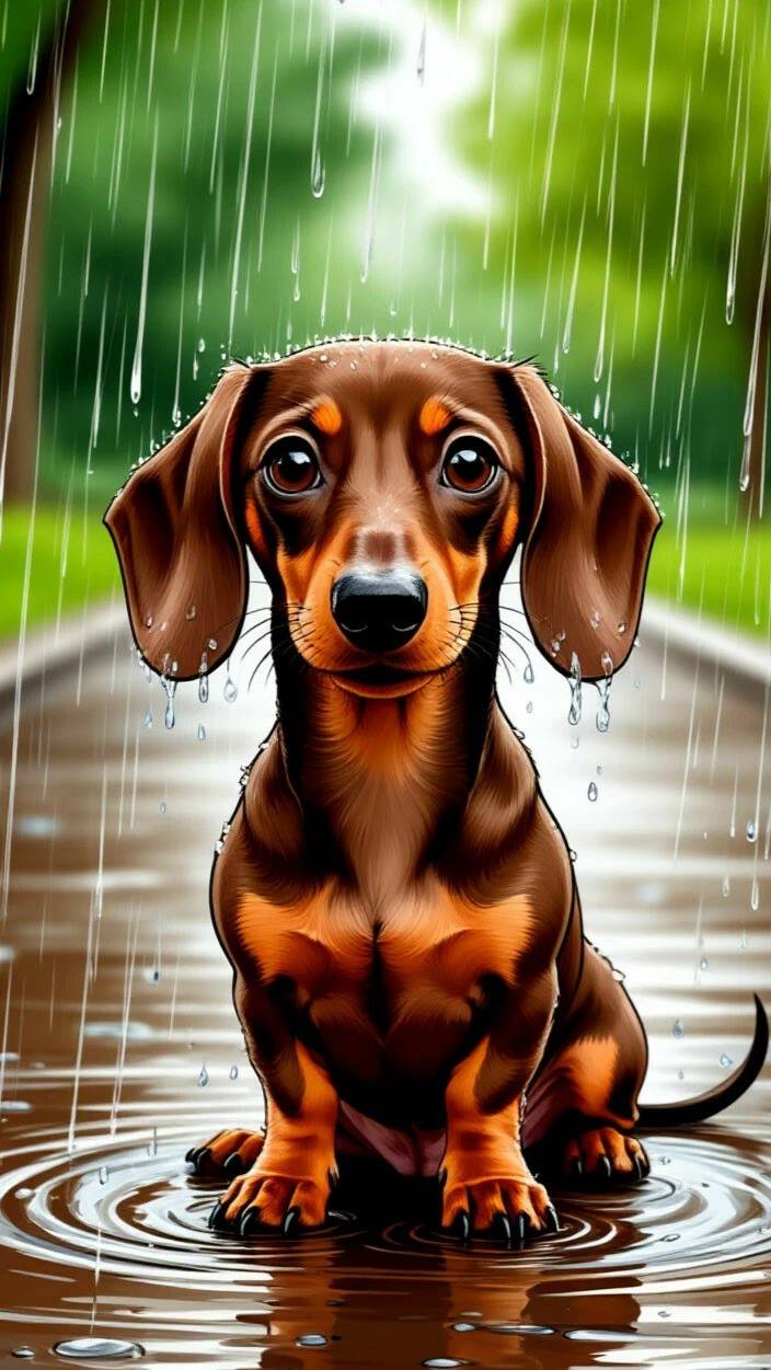 Такса Алиса не любит дождь