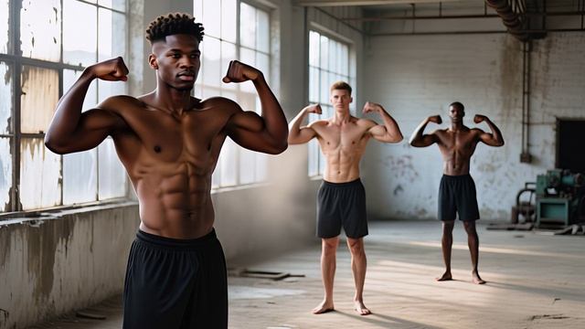 Трое мускулистых парней в заброшенном цехе: сила, стиль и синхронность 💪🔥