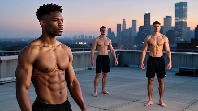 Трое мускулистых парней на крыше города — сила, стиль и закат 🌆💪