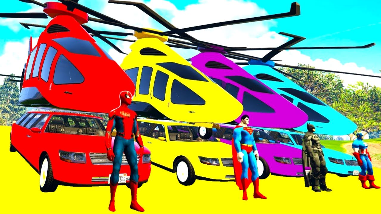 Супер Гонки Человек-паук и Лимузин-Вертолет с Супергероями Железный Человек и Халк Паркур Челлендж