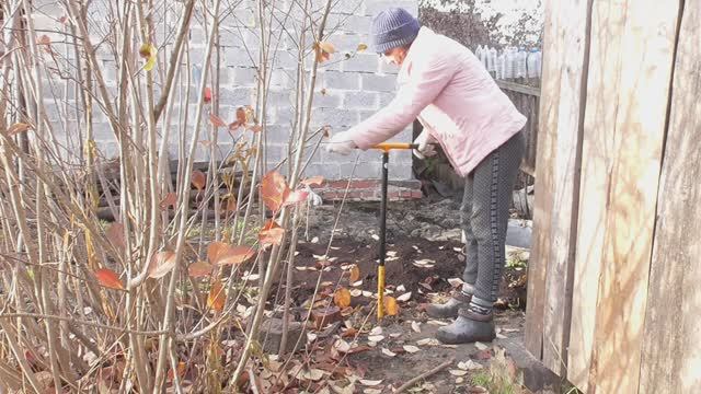 Дача. Установка столбиков забора с помощью бура.  Поправила забор.