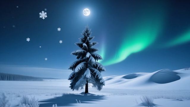 Зимняя сказка: одинокая ель под сиянием северного сияния и луной. ai-video