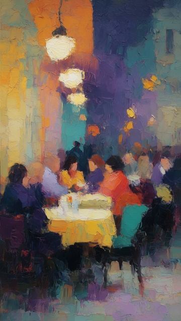 Ночная сцена в уличном кафе (картина #987) / Арт-студия Нормова