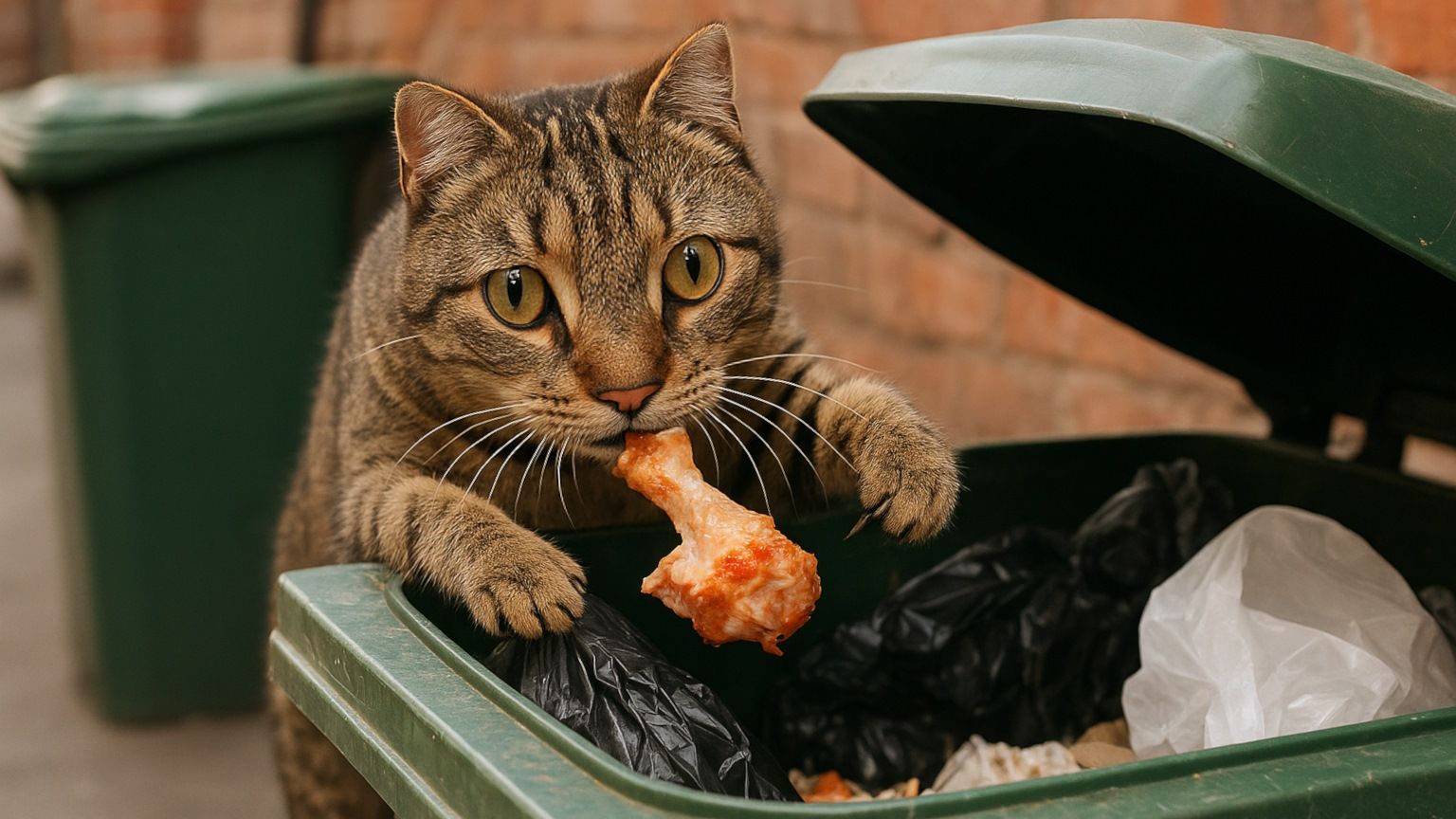 Кот добывает жрачку из мусорных баков :)