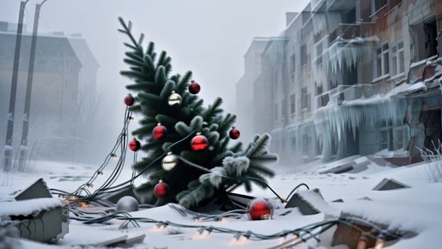 Заброшенная елка с игрушками в снежном дворе разрушенного дома. ai-генерация