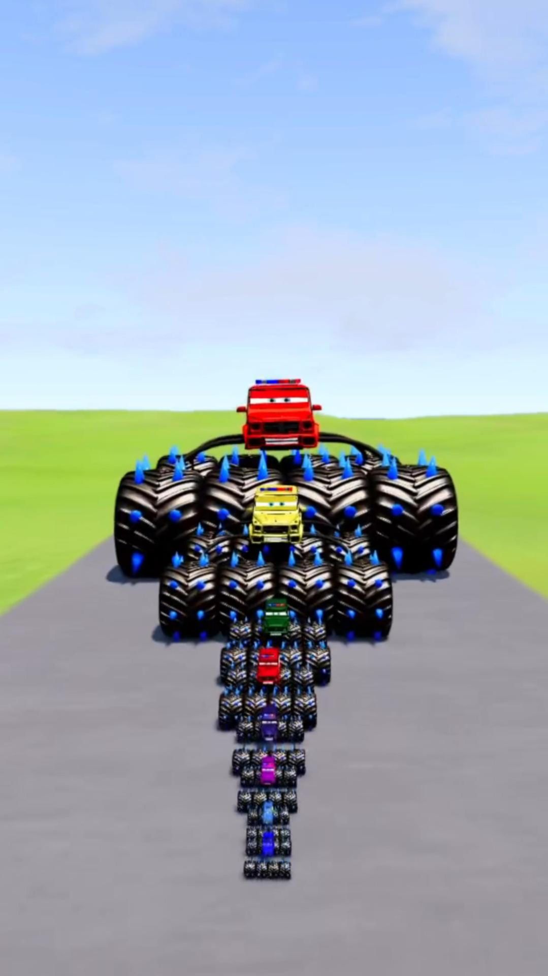 Big and small police car on big wheels against trains | BeamNG.Drive