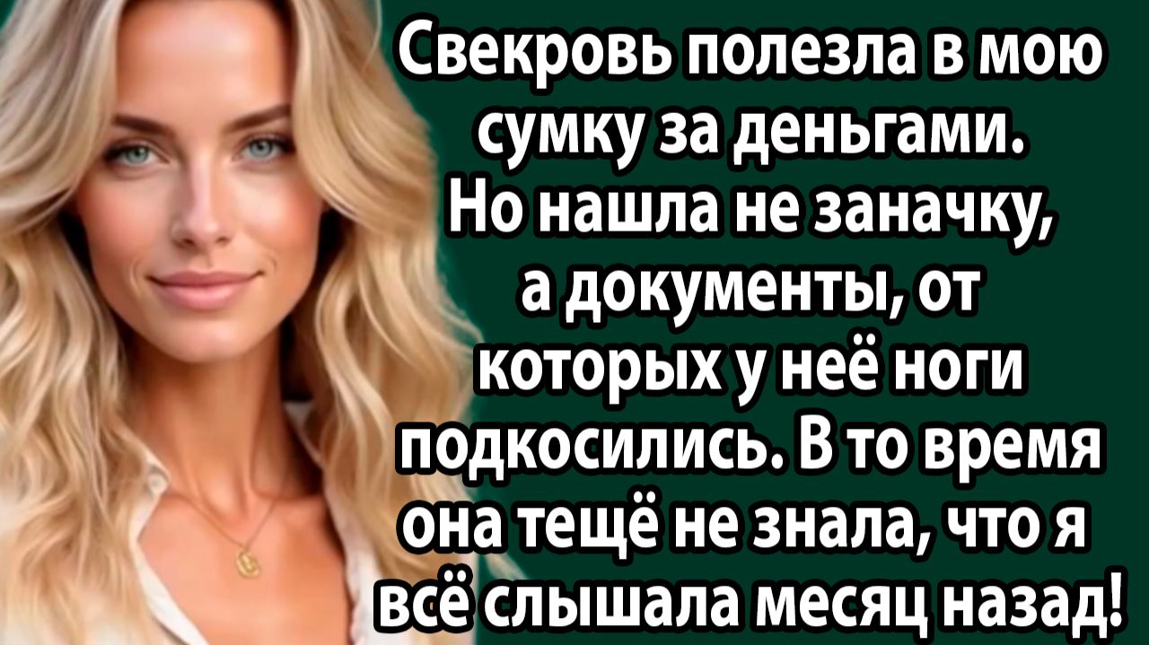 Свекровь залезла в мою сумку за деньгами и нашла документы. Через час она рыдала. Слушать рассказы