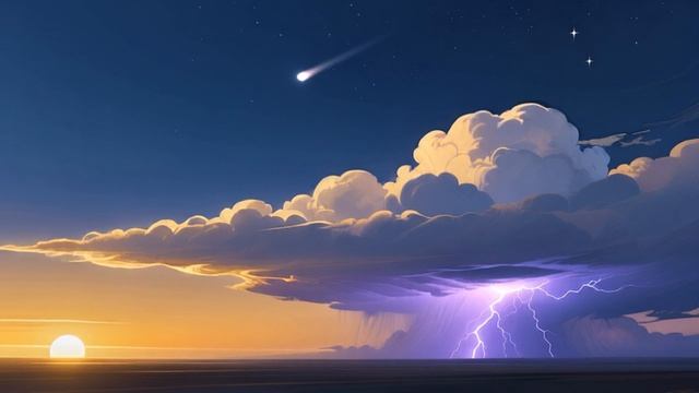 Закат, гроза и метеор 🌅⚡☄️ — небо в огне! Красота природы в одном кадре.