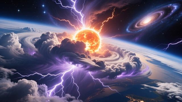 Космическая буря! 🌩️☀️ Гроза над Землёй, солнце и галактика — фантастика в кадре!